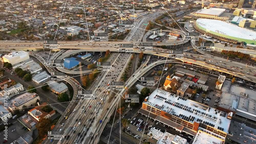 Traffic surveillance system in highway. Connected network. Speed and ...