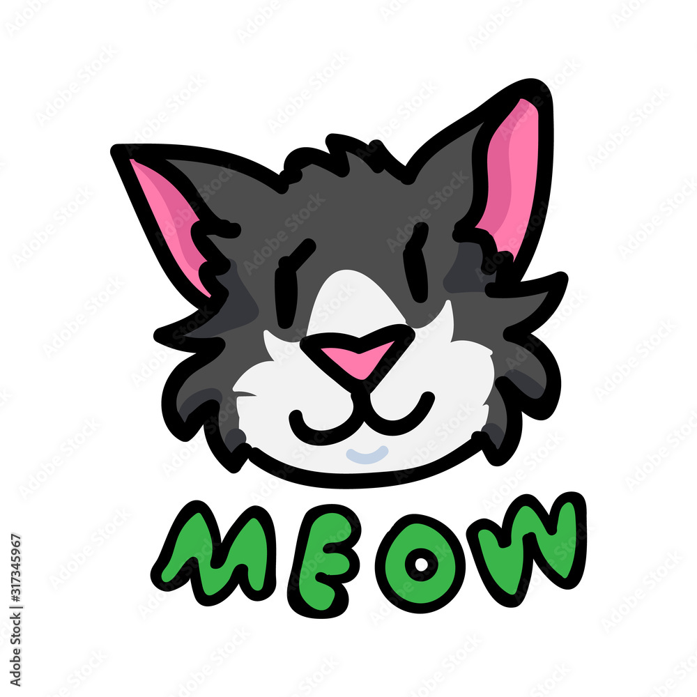 Cute tuxedo cat face with meow text clipart. Hand drawn pet kitty ...