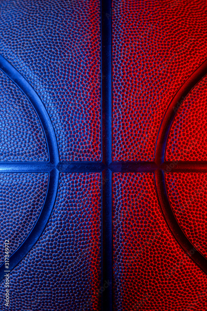 Closeup detail of basketball ball texture background. Blue neon Banner ...