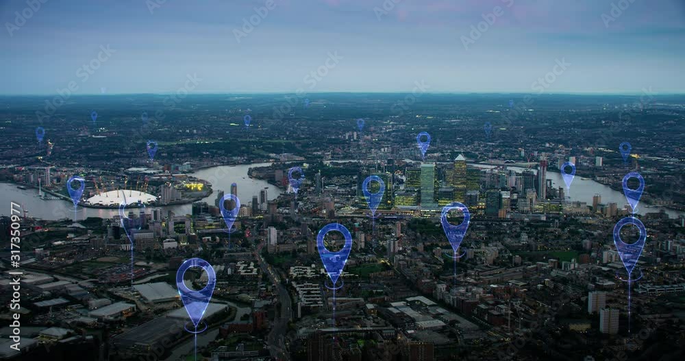 Aerial smart city. Localization icons in a connected futuristic city ...