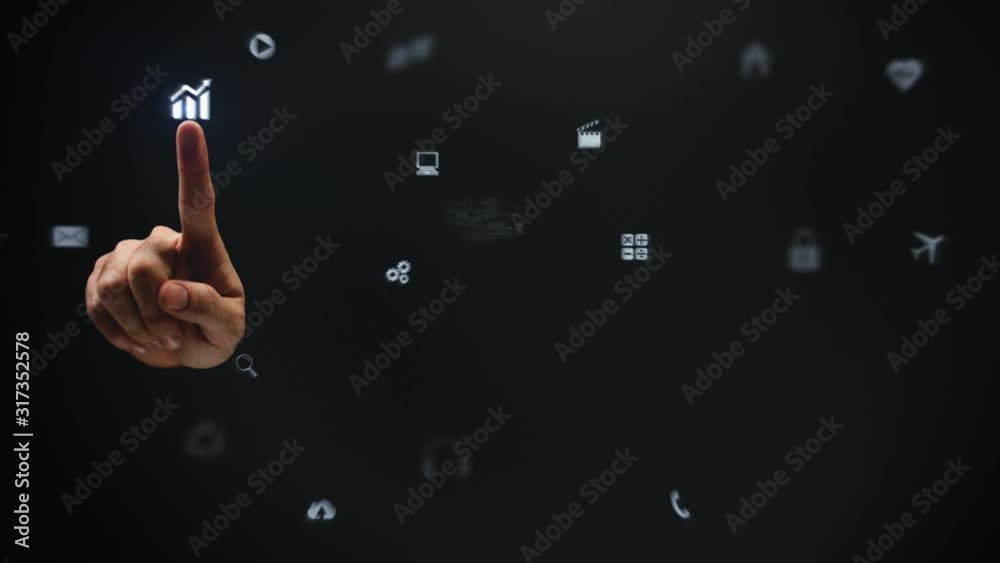 Male hand working on holographic interface. Financial. White. Man ...