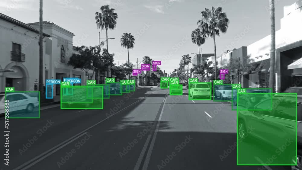 Autonomous or driverless car computer vision. Object detection system ...