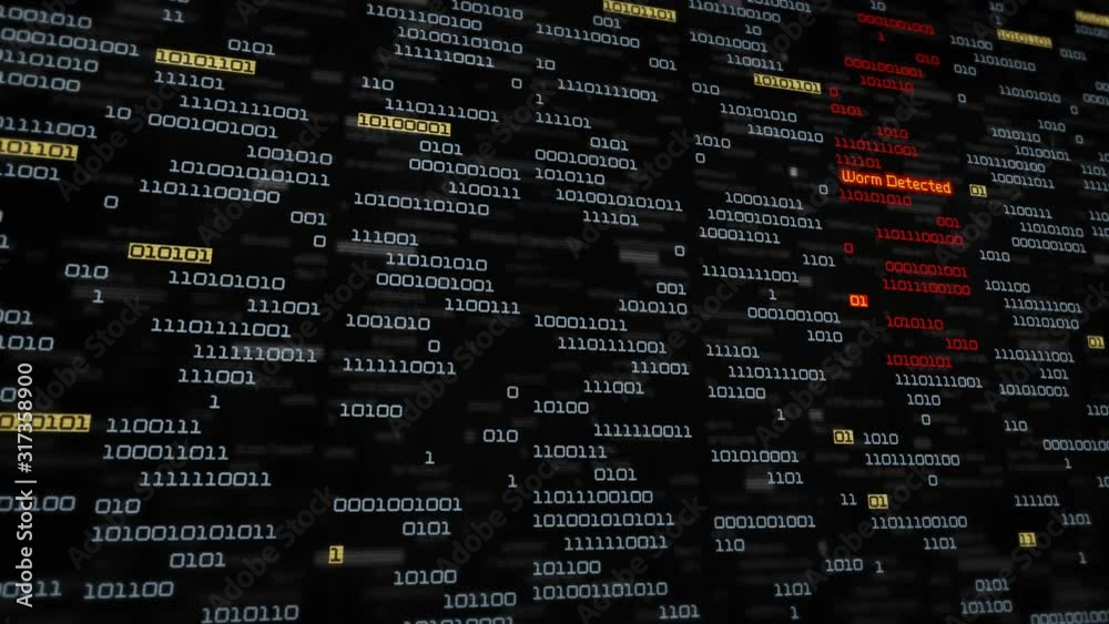 Binary data code animation showing warning messages in a virtual ...