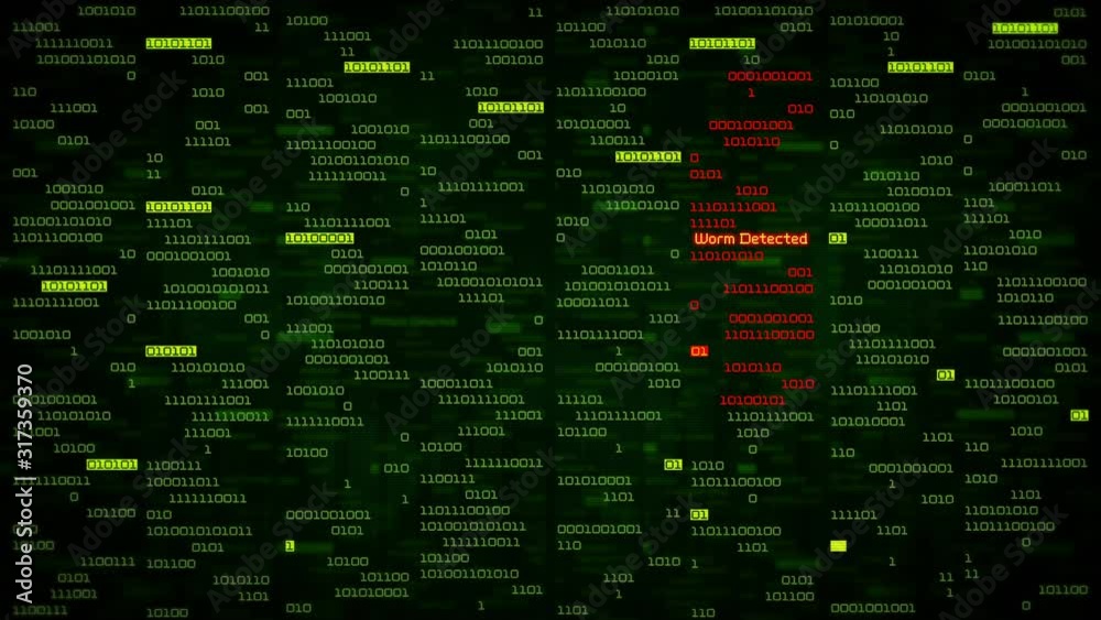 Binary data code animation showing warning messages in a virtual ...