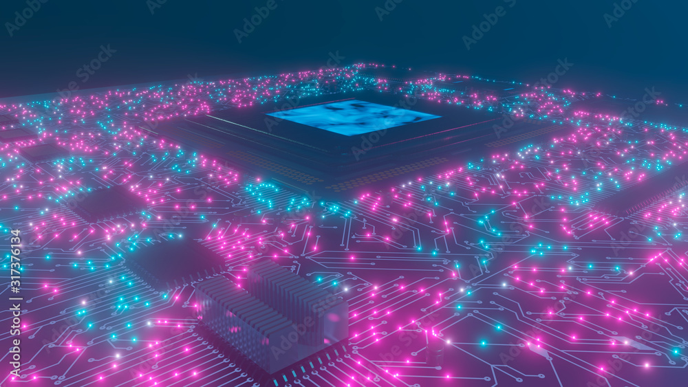3D rendering. AI. Circuit board. Technology background. Central ...