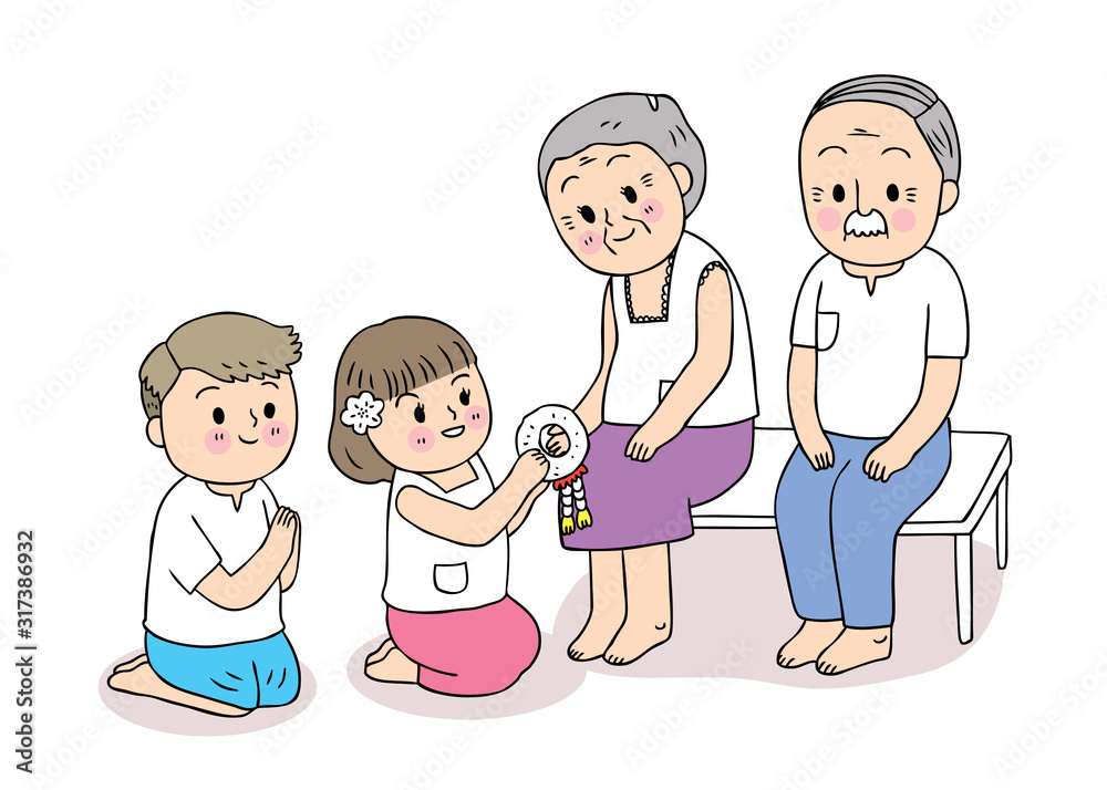 Cartoon cute Songkran festival Thailand, Family day, Boy and girl pay ...