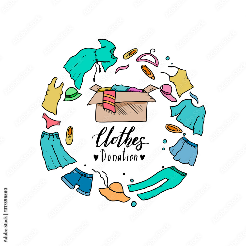 Hand drawn illustration of clothes donate, charity, care concept ...