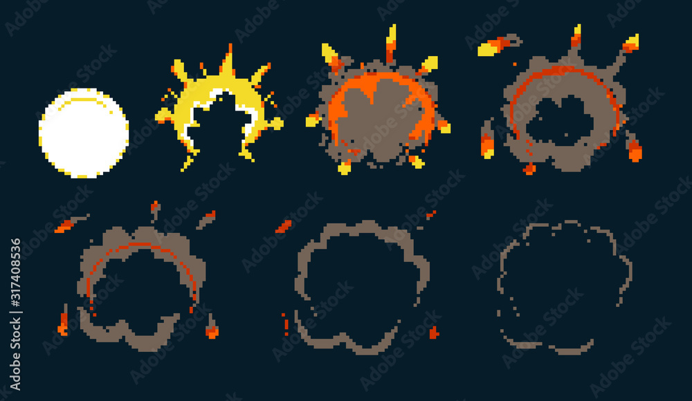 Pixel art explosion. Game icons set. Comic boom flame effects for ...