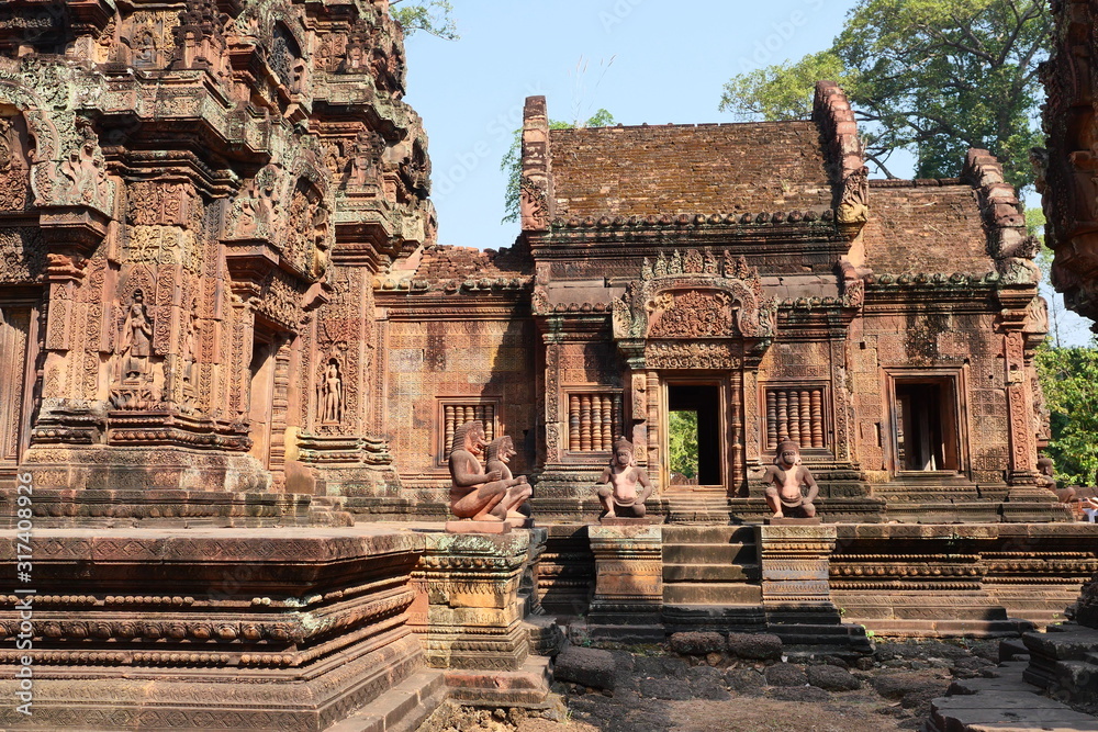 Banteay Srei temple built in red sandstone of the Angkor Wat at Siem ...