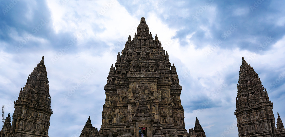 Frog eye view of the three main temples at the Prambanana Temple ...