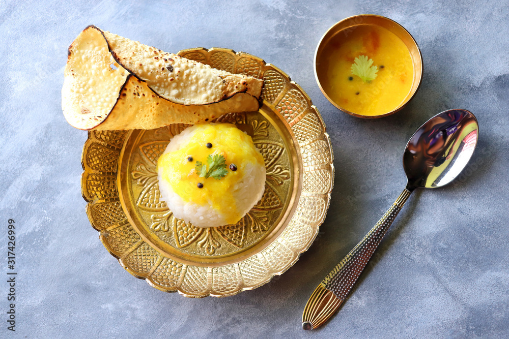 Healthy Indian comfort food Dal Chawal thali or Dal Rice. Served in ...