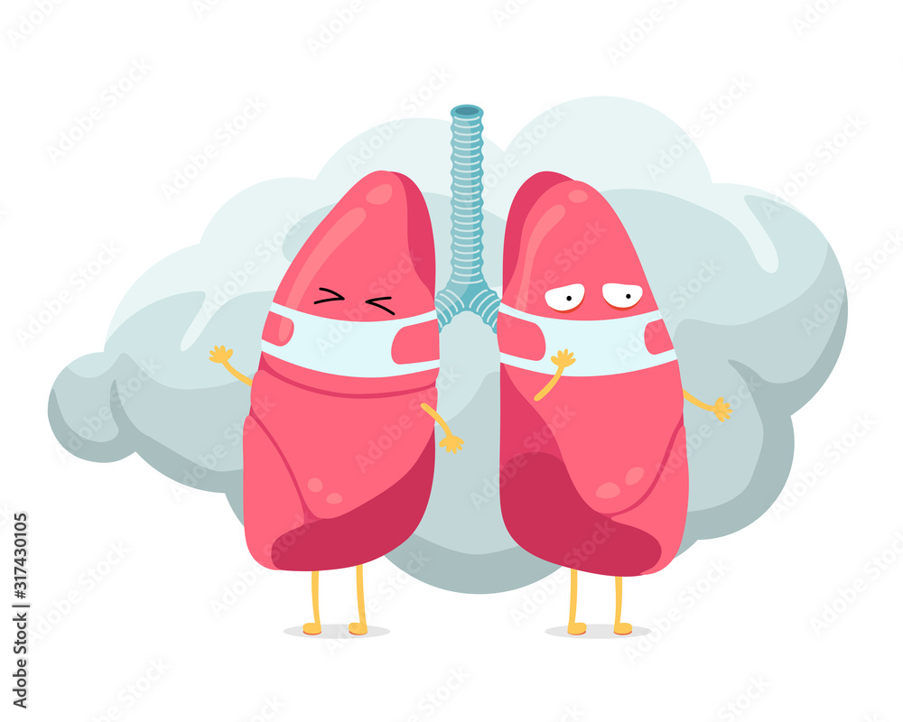 Cartoon lungs character with breathing hygiene mask on face and smoke ...