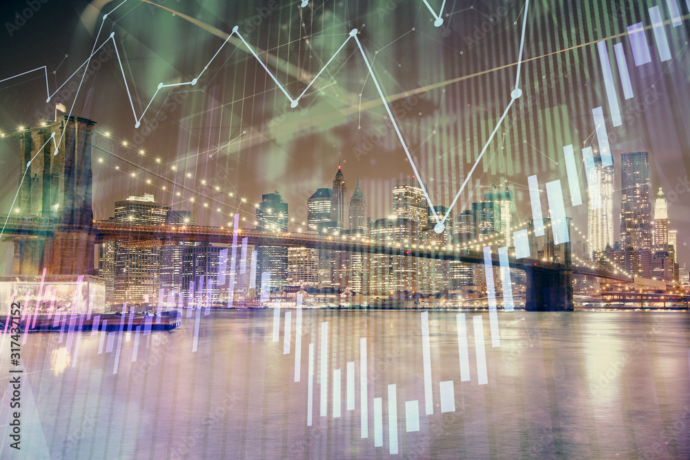 Financial chart on city scape with tall buildings background multi ...