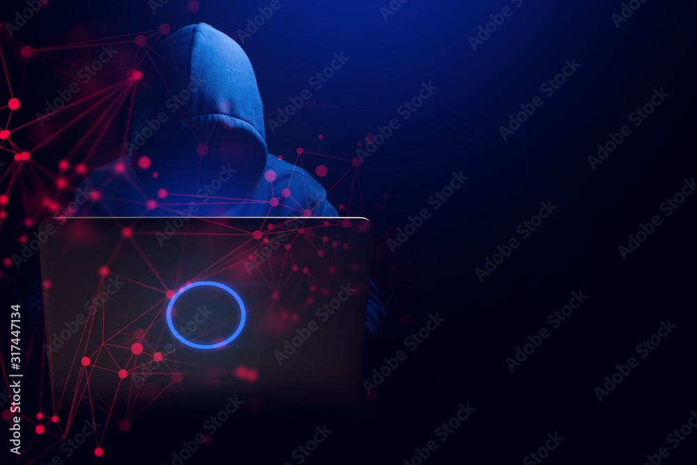 hacker man terrorist with virus computer attack to server network system online in data internet ...