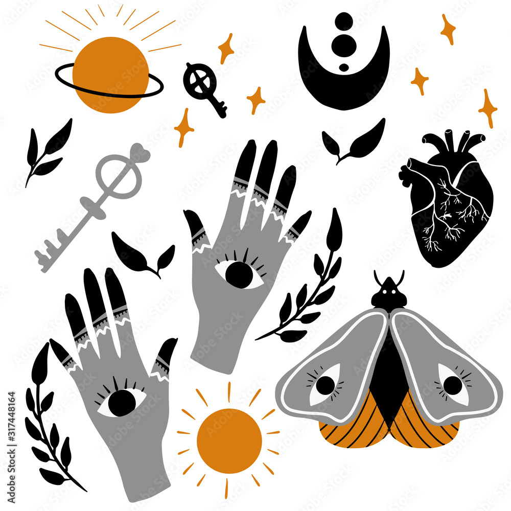Vector magic elements set. Hand drawing magician collection. Symbols of ...