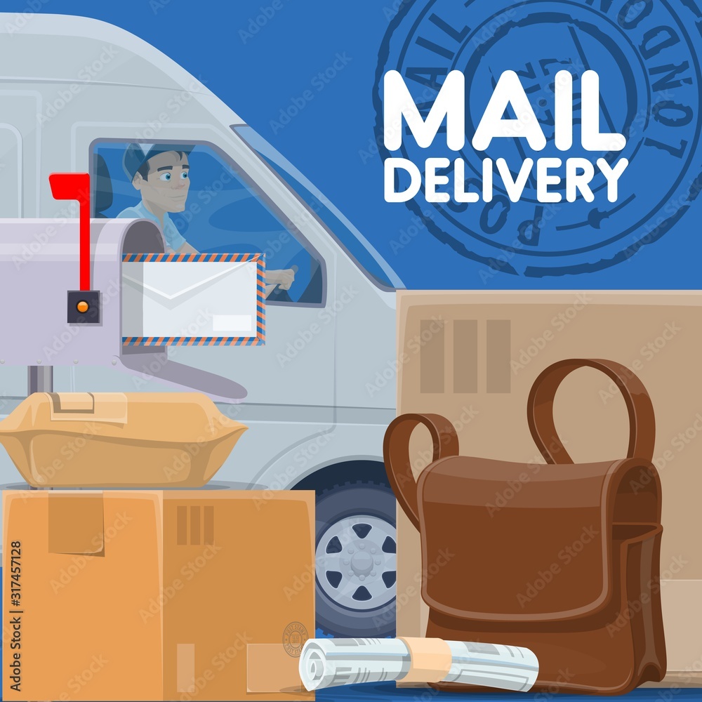 Vetor de Mail delivery, parcels and postman in car. Vector post office ... Vetor de Mail delivery, parcels and postman in car. Vector post office ...