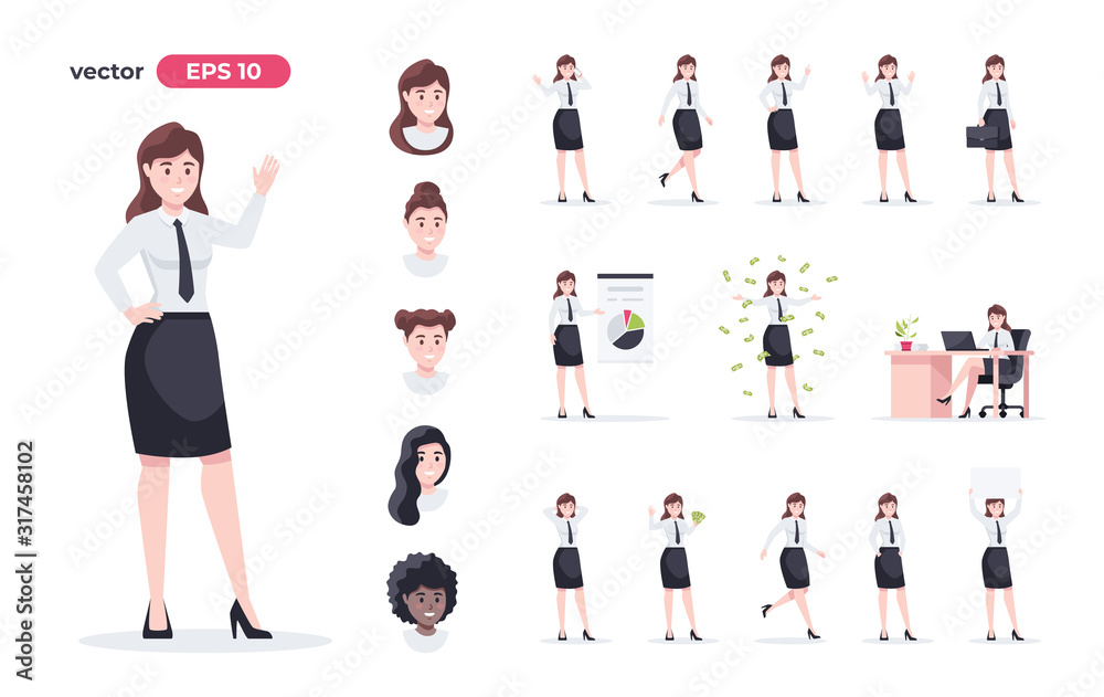 Businesswoman set. Woman in the workplace. Office worker in suit ...