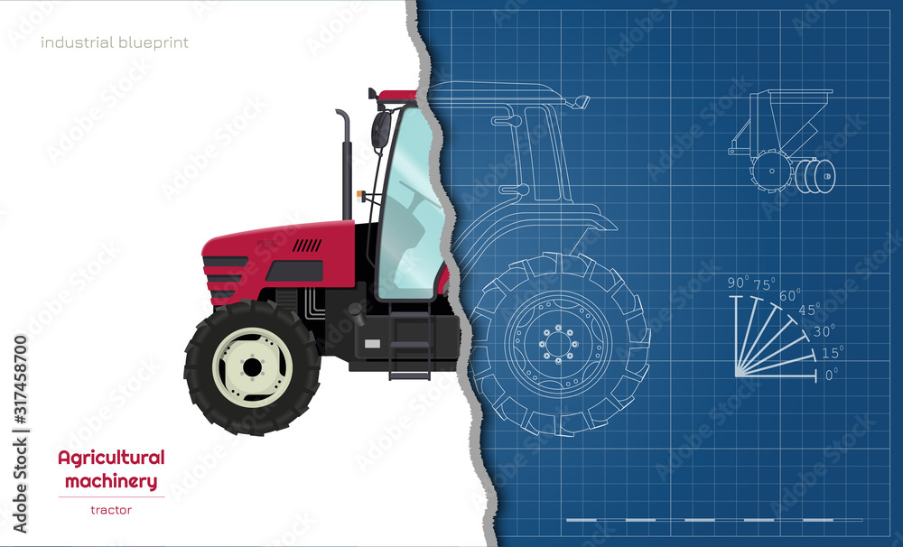 Outline blueprint of tractor. Side view of agriculture machinery ...