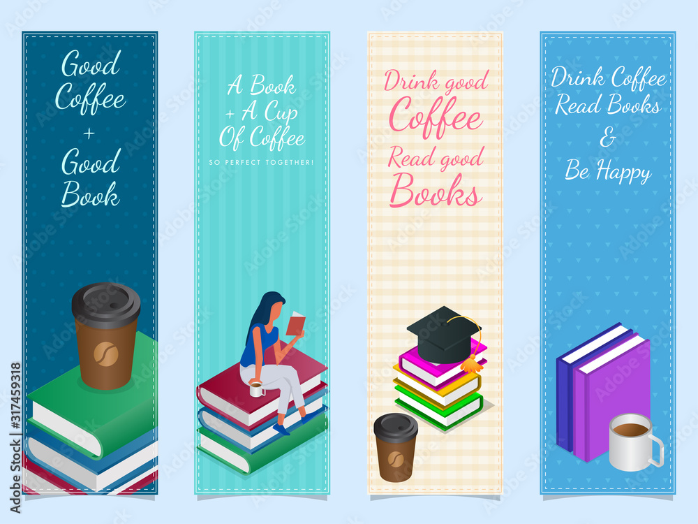 Printable Bookmarks Reading Quotes with Drinks and Books. Stock Vector ...