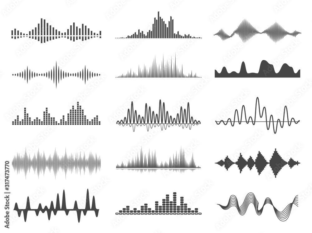 Sound waves, volume diagrams glyph vector illustrations set Stock ...