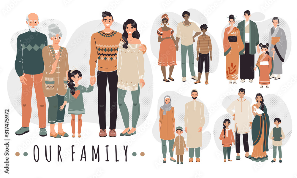 Families from different countries, cartoon characters vector ...
