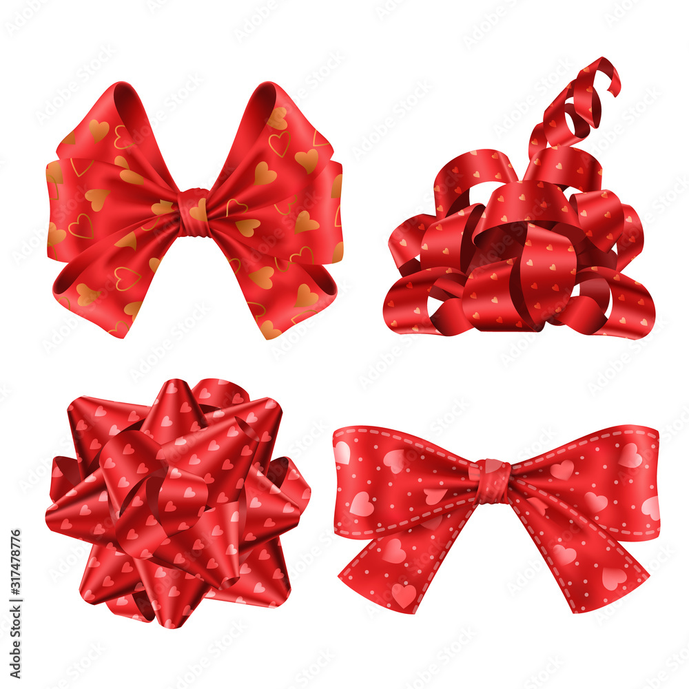 Ribbons and bows top and side view set. Collection of cute red festive ...