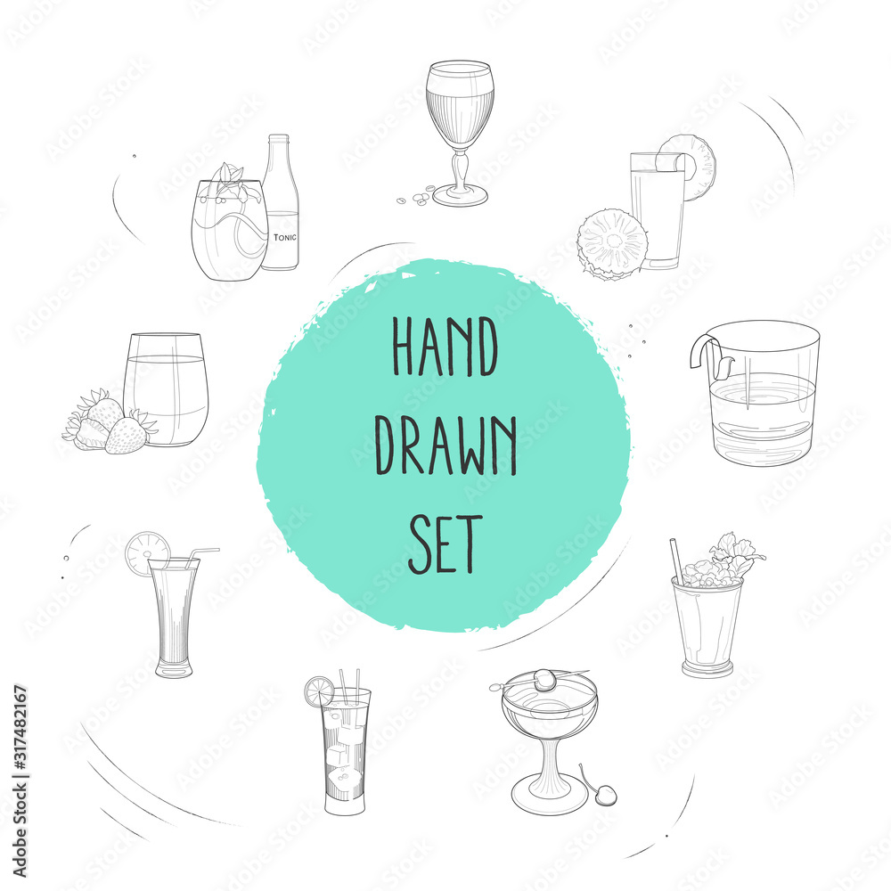 Set of drink icons line style symbols with fresh juice, manhattan ...