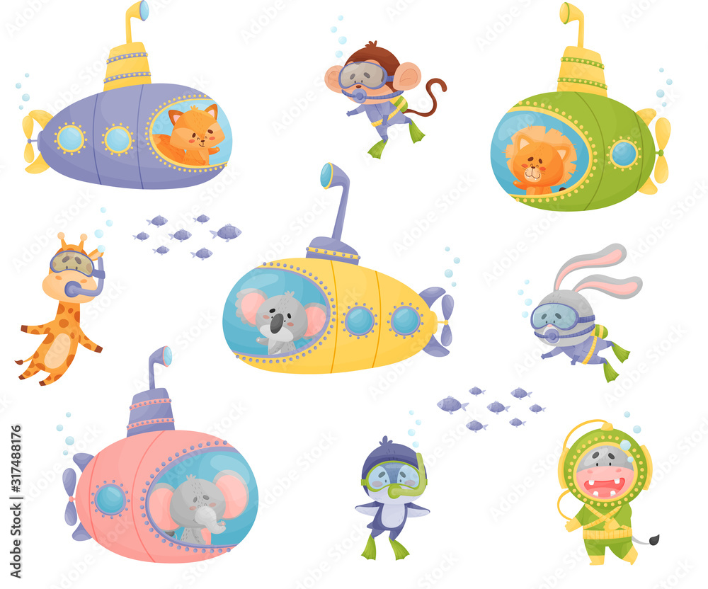 Cartoon Animals Swimming Under Water on Submarine and Wearing Diving ...