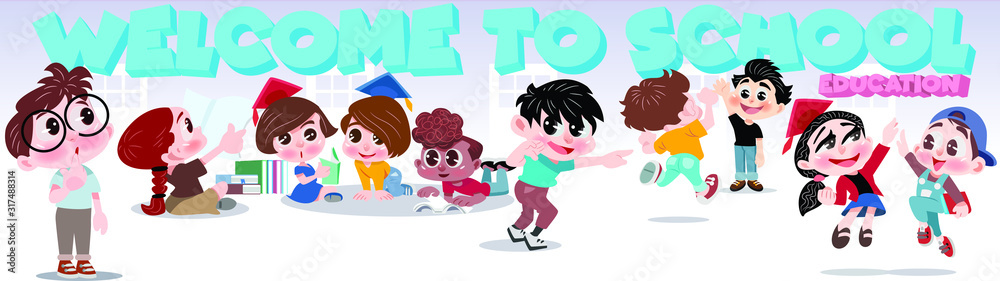Vector cartoon image Welcome to the school. There are many children's ...