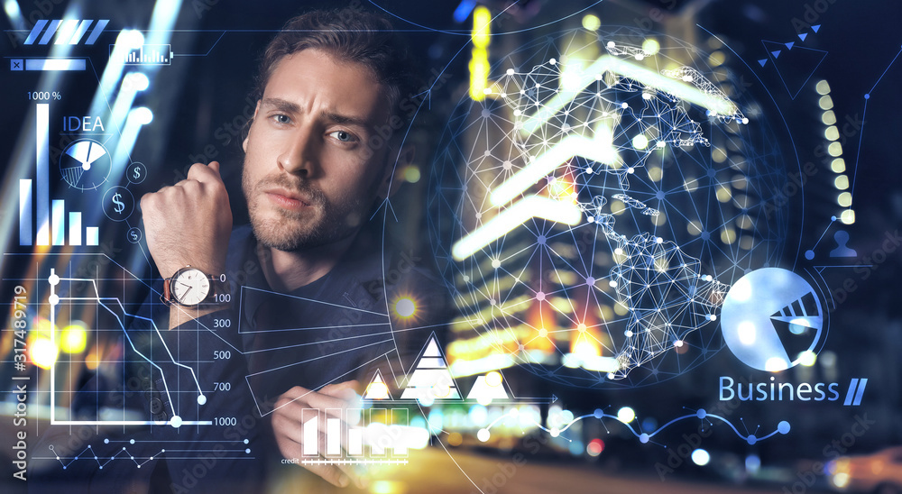 Portrait of handsome businessman on dark background Stock Photo | Adobe ...