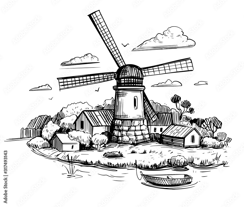 Countryside landscape with a mill. Hand drawn illustration converted to ...