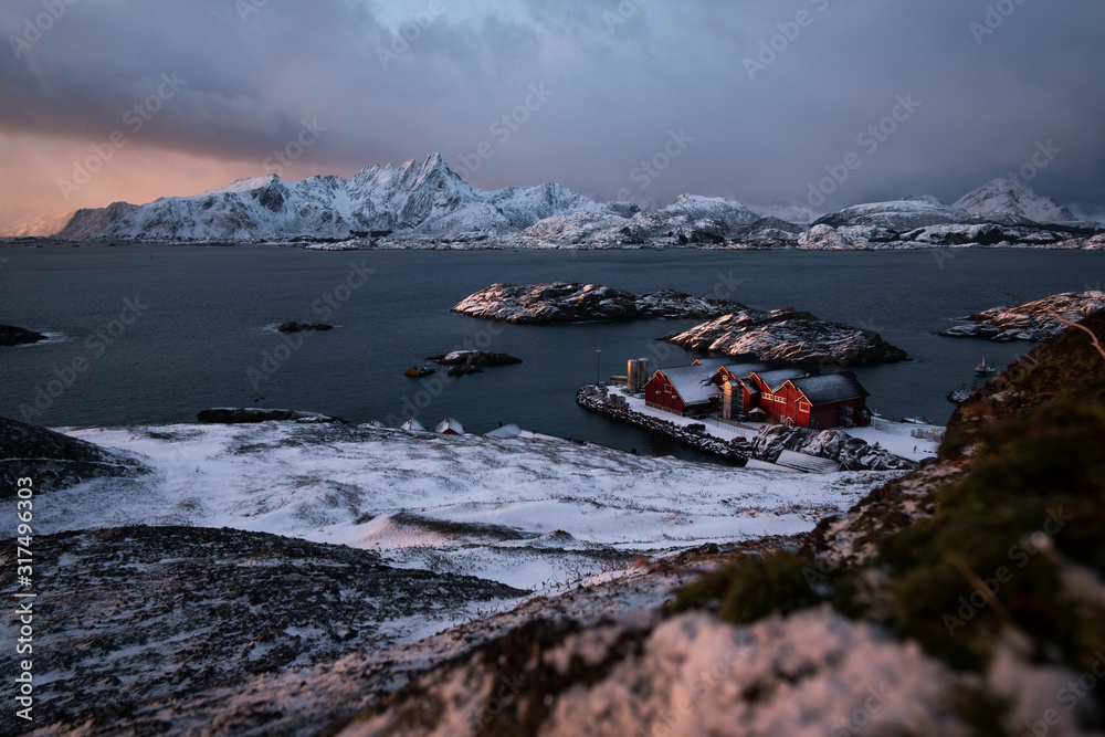 Typical lofoten islands view, fishermen cottages and fish factory with ...
