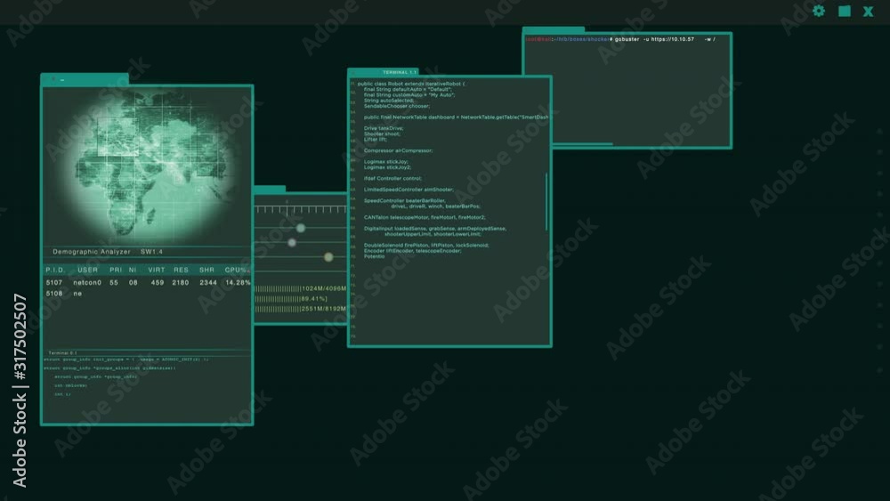 Virtual Interface Or Hud Displaying Multiple Windows With Hacker Code Running On Them Stock