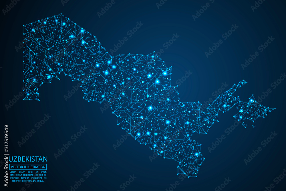 A map of Uzbekistan consisting of 3D triangles, lines, points, and ...