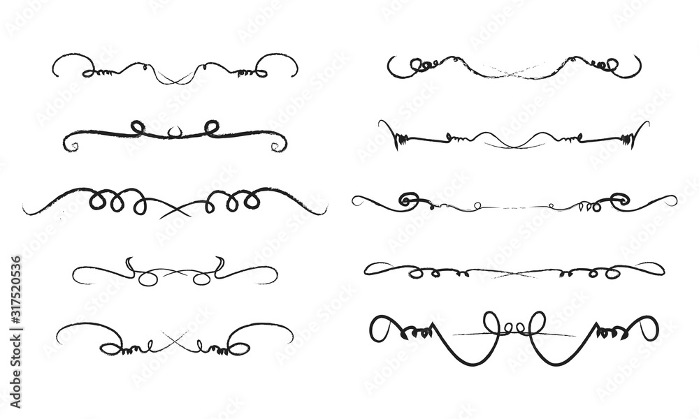 Stroke brush smooth curve straight swirly decorative lines vector black ...