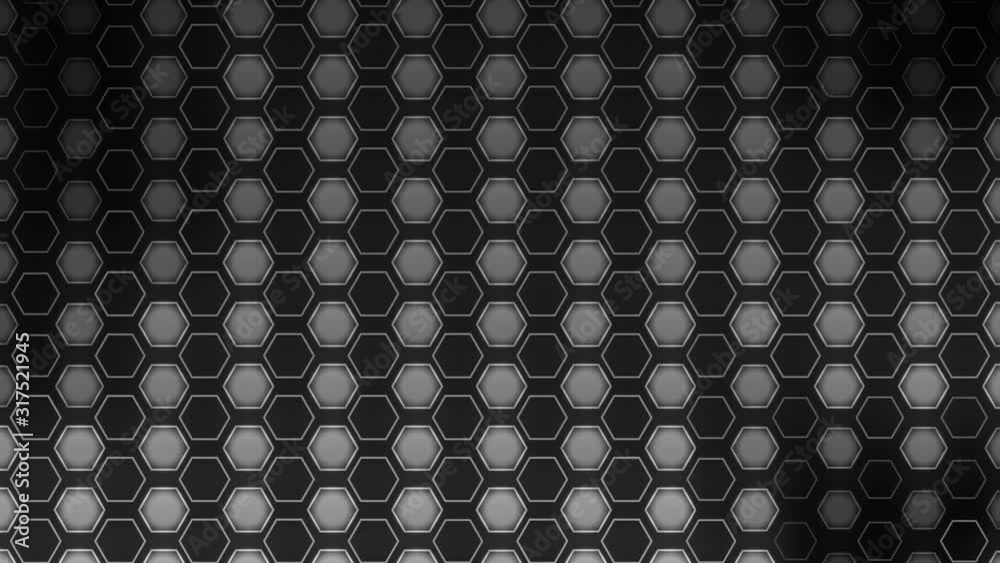 Abstract black and white honeycomb textured grid of hexagonal geometric shapes in motion on a ...