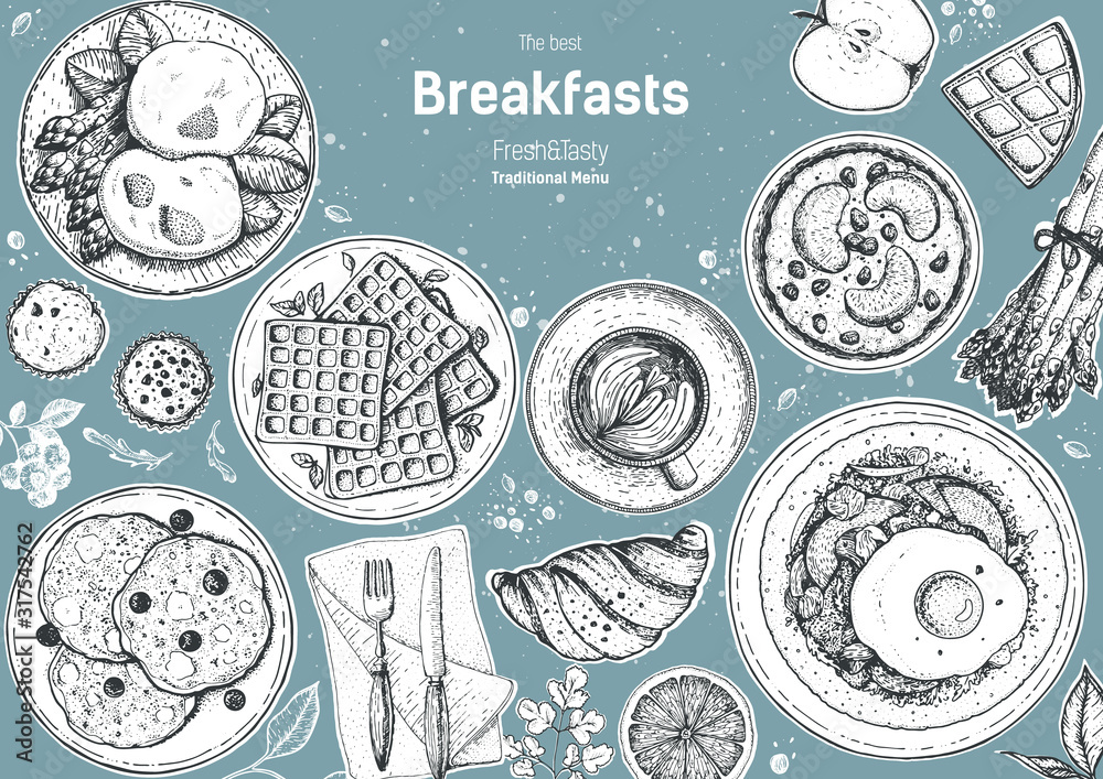 Breakfasts top view frame. Morning food menu design. Breakfast and ...