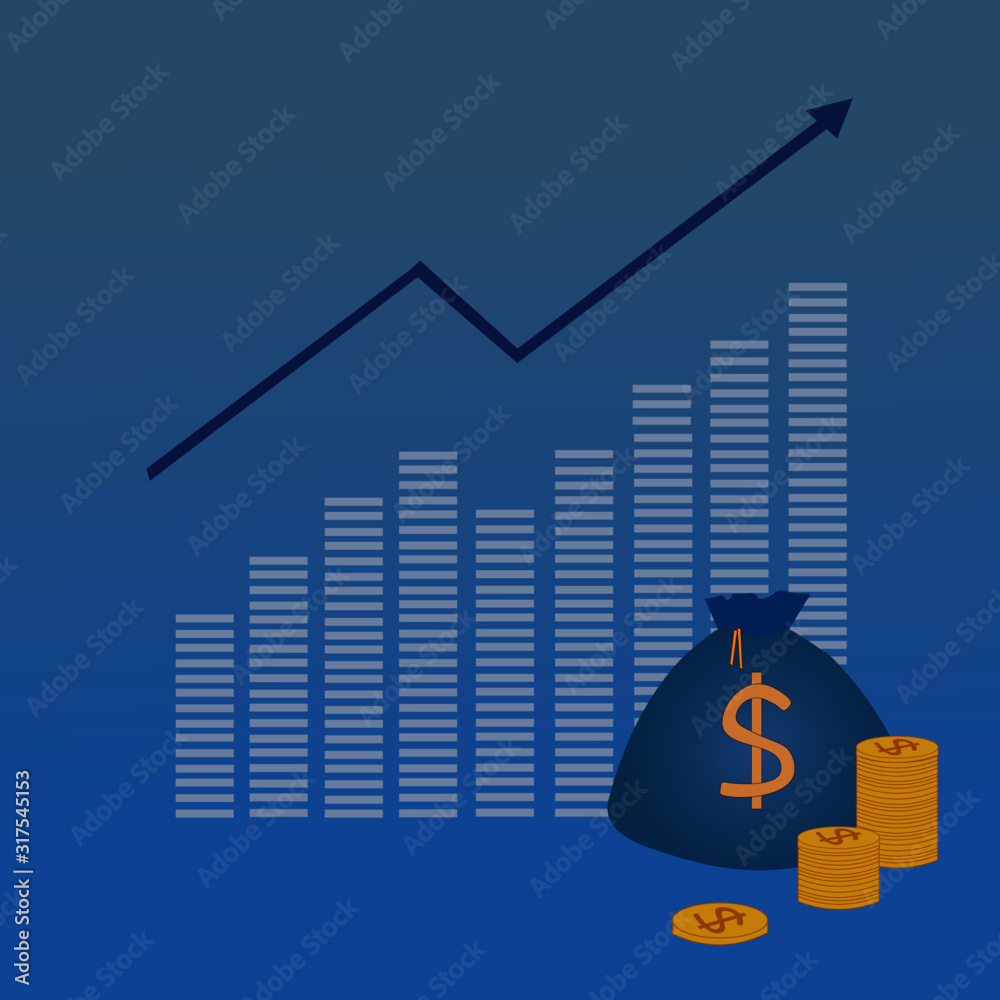 vector image with arrow, chart and sack of coins. Can be used for ...