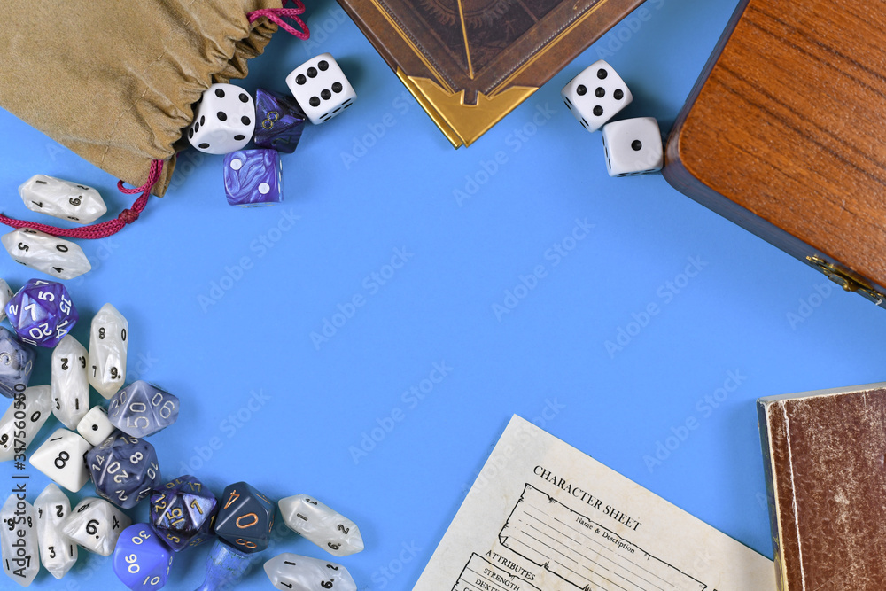 Flat lay concept design for tabletop role playing with blue and white ...