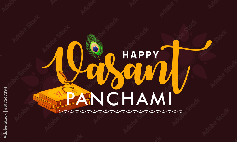 Vasant Panchami calligraphy text with peacock feather, books and ink ...