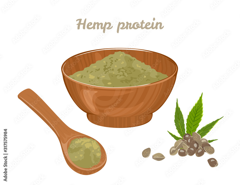 Hemp protein in wooden bowl, spoon with powder and seed isolated on ...