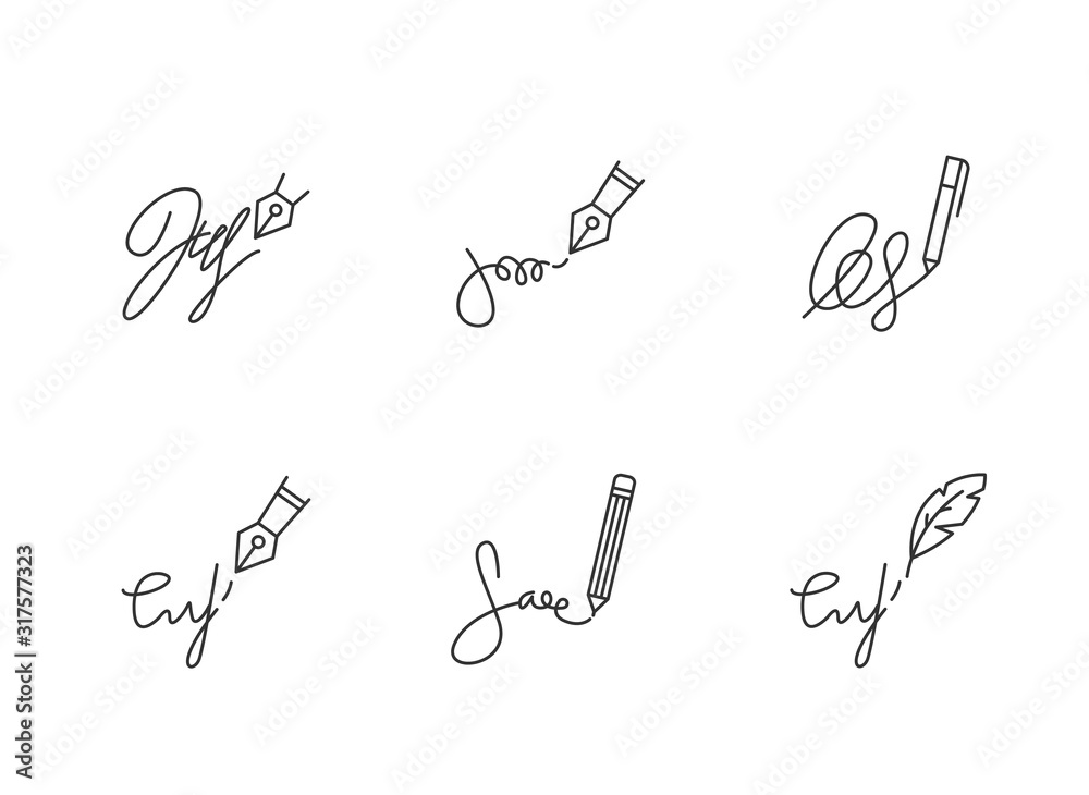 Signatures pixel perfect linear icons set. Handwriting. Autograph ...