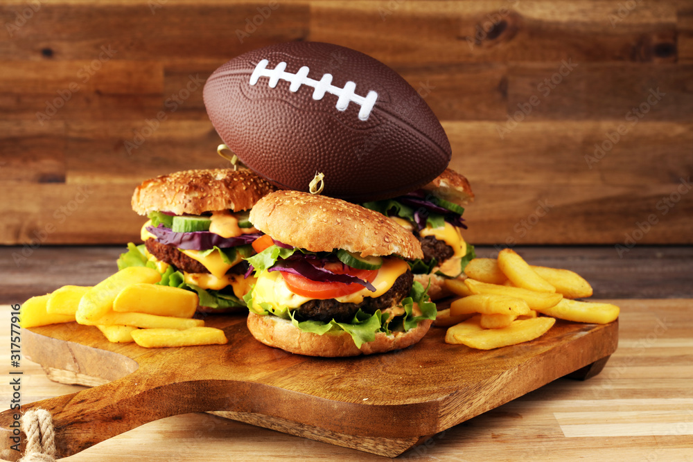 Tasty fresh meat burgers with salad and cheese. Homemade angus burger ...