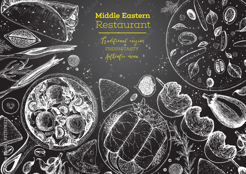 Vetor de Middle eastern cuisine top view frame. Food menu design with ...