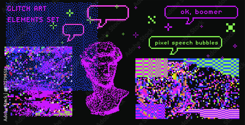 Set of pixelated speech bubbles like in 8-bit arcade game and glitch ...