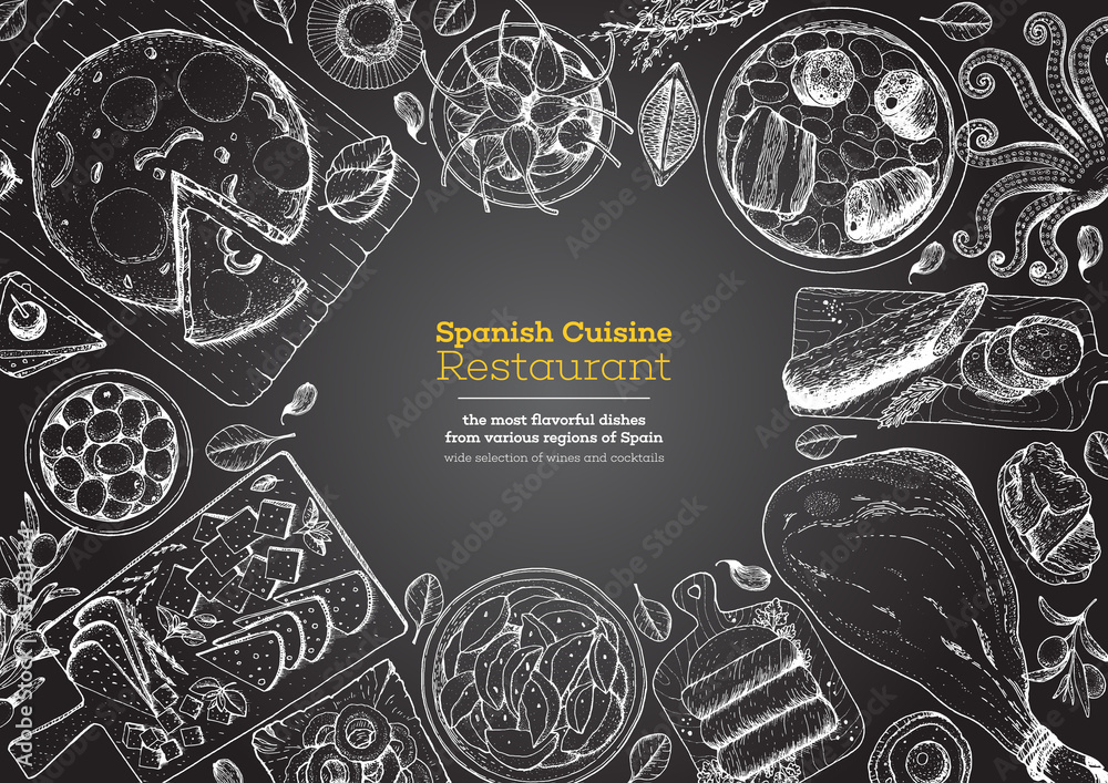 Spanish cuisine top view frame. A set of spanish dishes with tortilla ...