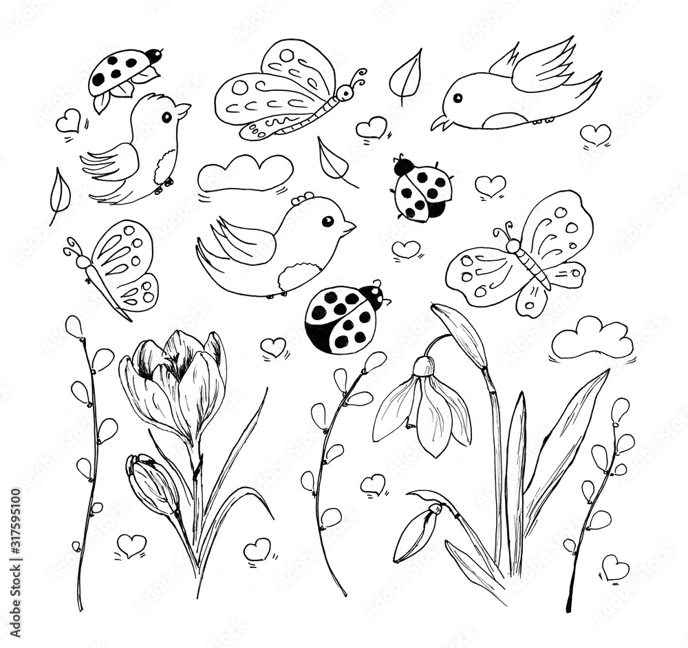 Springtime outlined hand drawn simpe childlike doodles set. Cute ...