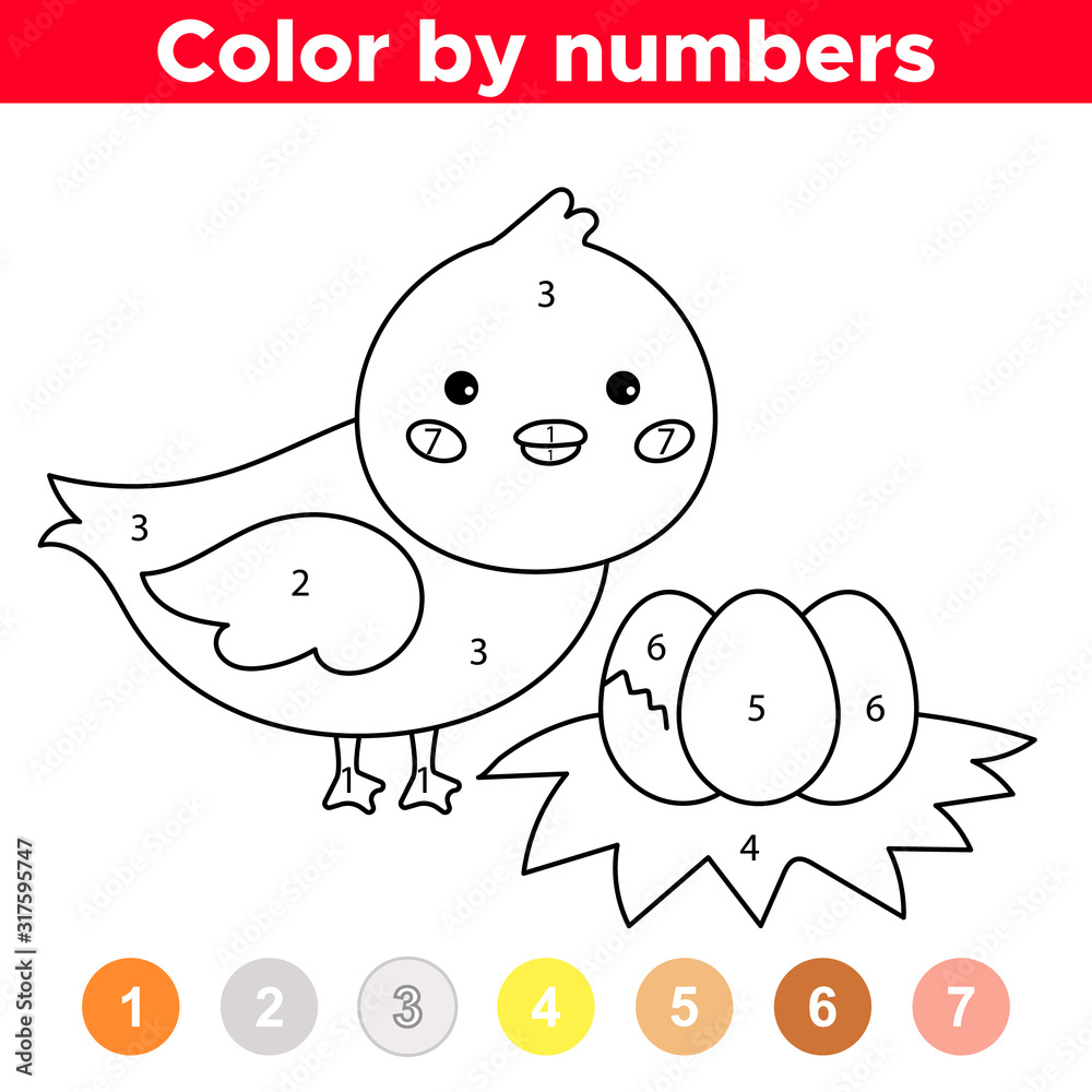 Color by numbers. Cute kawaii cartoon duck with eggs. Coloring book for ...