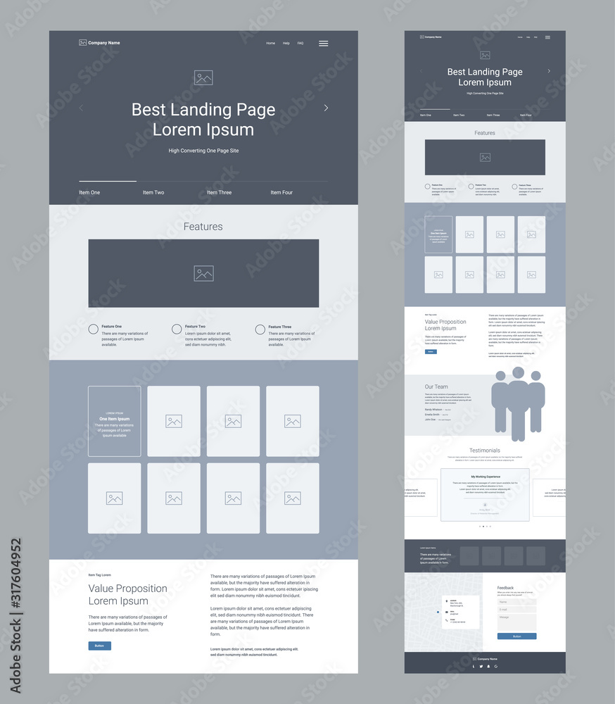 Landing page wireframe design for business. One page website layout ...