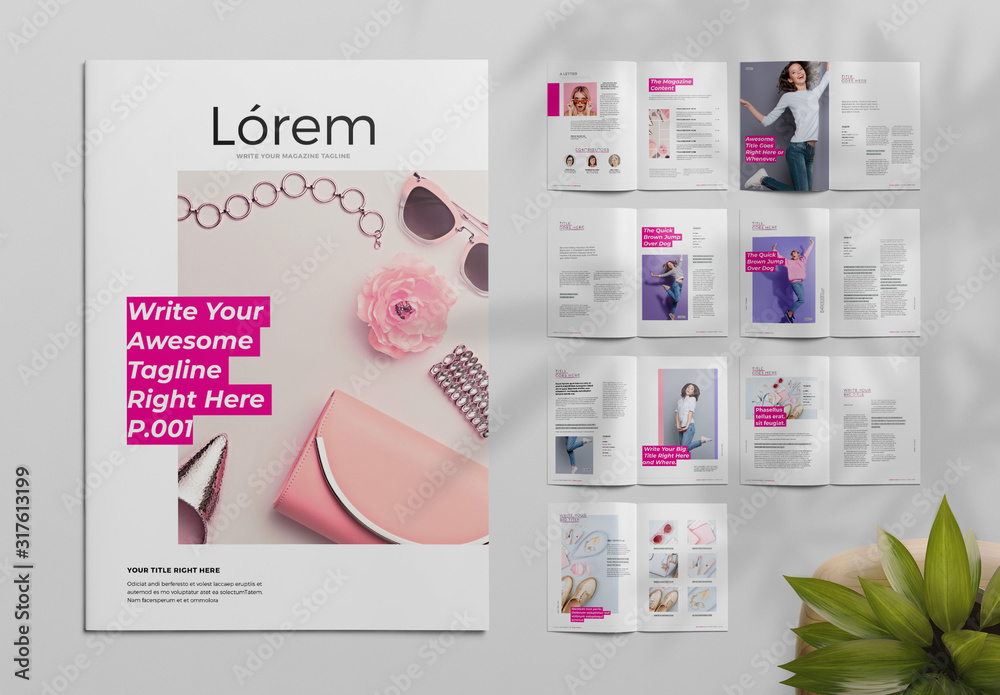 Magazine Layout with Hot Pink Accents Stock Template | Adobe Stock